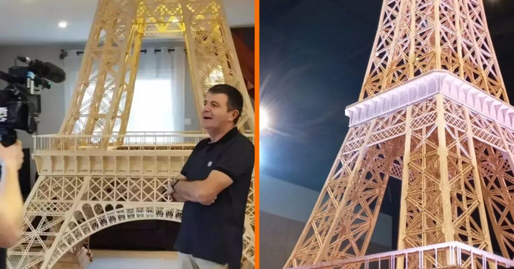 Man bouwt 8 jaar lang 7m Eiffeltoren van luciferstokjes, Guinness Record wordt toch afgewezen